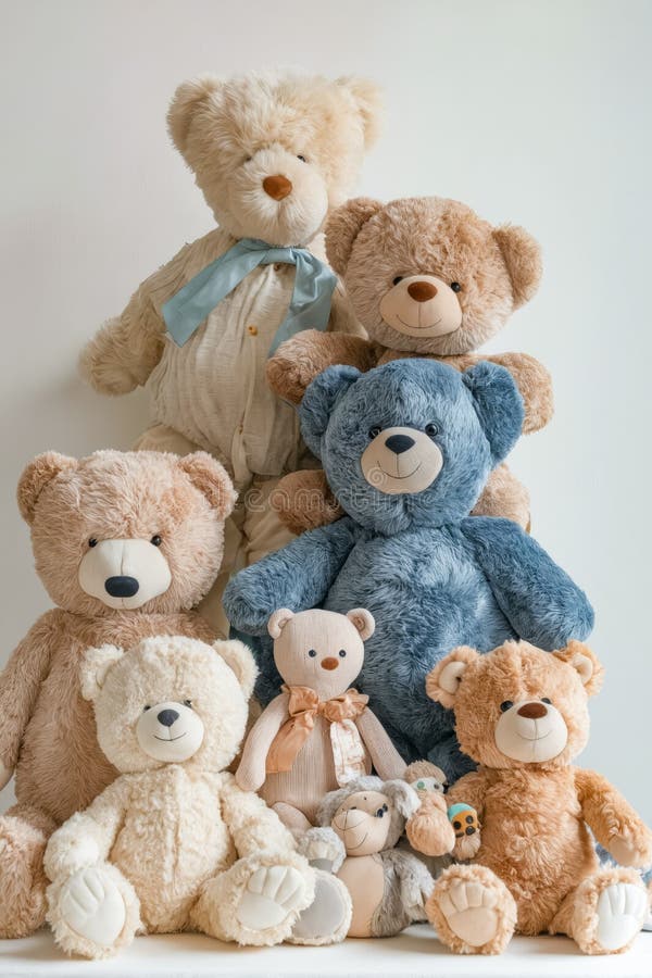 A Group of Teddy Bears Sitting Next To Each Other on a Table Stock ...
