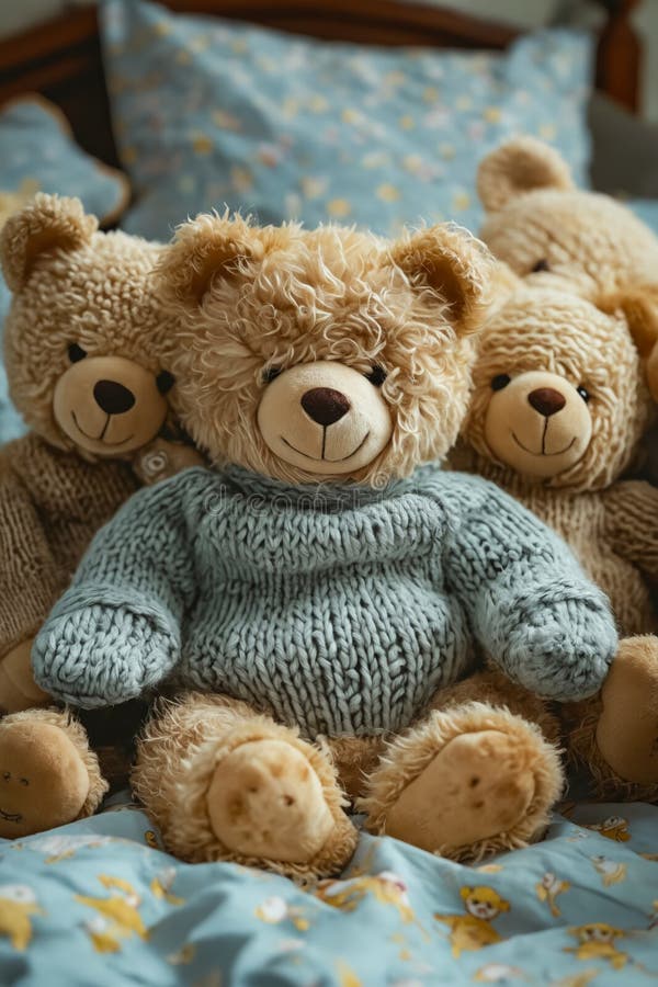 A Group of Teddy Bears Sitting on Top of a Bed. Generative AI Stock ...