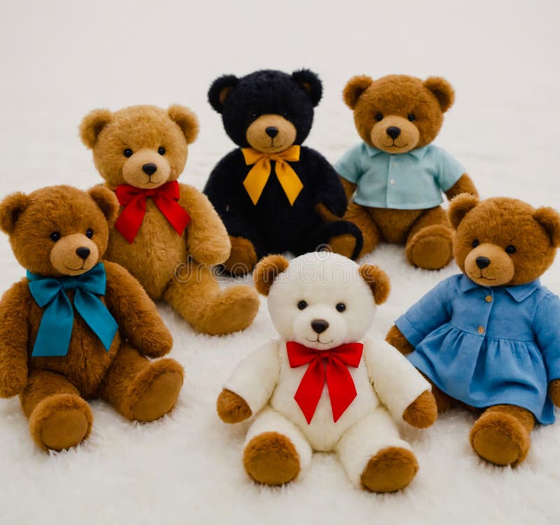 A Group of Teddy Bears Sitting on a White Carpet Stock Illustration ...