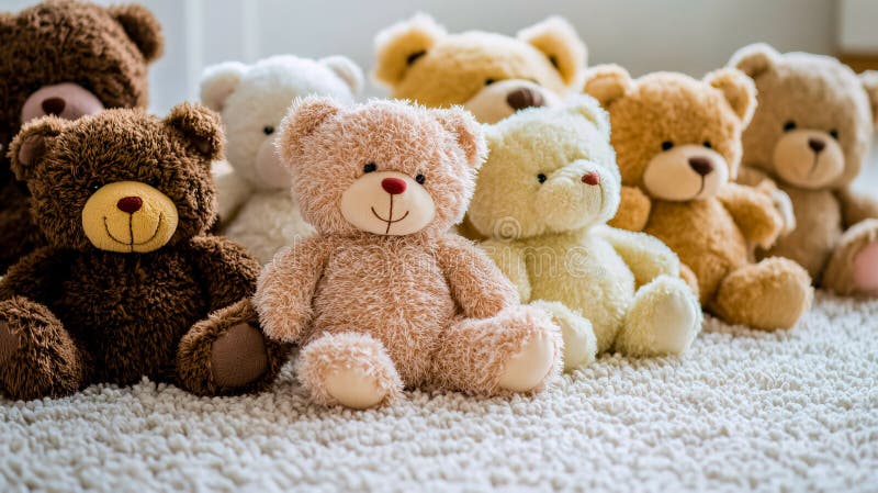 A Group of Teddy Bears Sitting on a White Carpet Stock Illustration ...