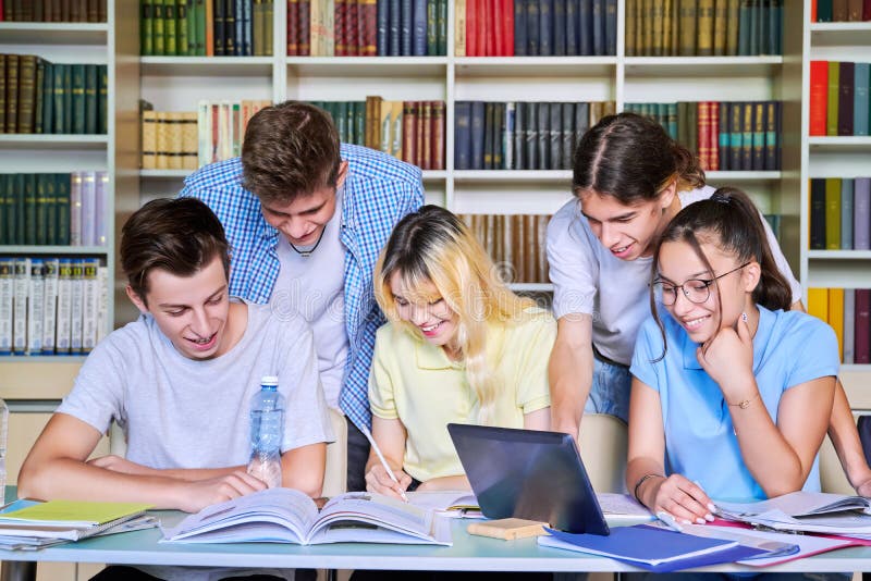 Group of Teenage Students Study in Library Class. Stock Image - Image ...