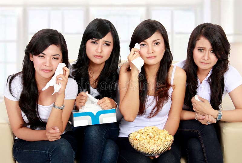 Group of Teenager Watching Sad Movie Stock Image - Image of couch ...
