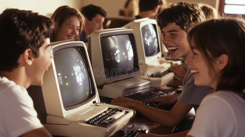 Teens Enjoying Retro Computers in a Classroom Stock Photo - Image of ...