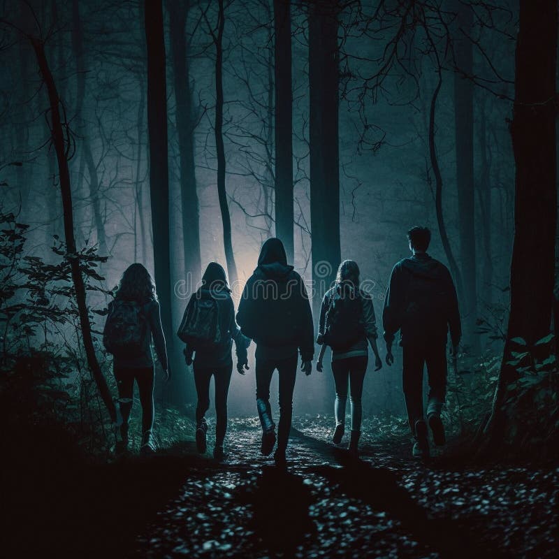 Group of Teenagers in the Night Forest Stock Illustration ...