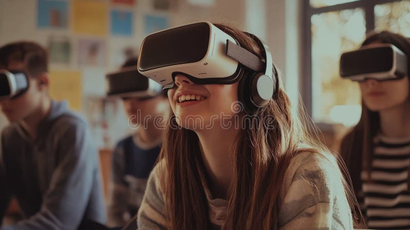 A Group of Teenagers in VR Glasses, Collaborating in a Virtual Project ...