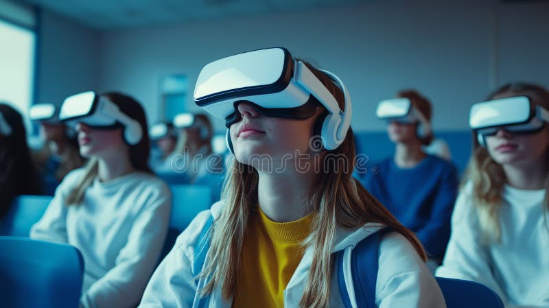A Group of Teenagers in VR Glasses, Collaborating in a Virtual Project ...