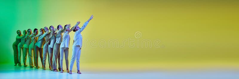 Group of Teenagers, Young Dancers Standing in a Row on Green Background ...