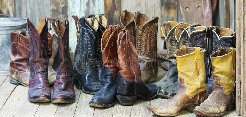 A Group of Ten Pairs of Old Cowboy Boots Stock Image - Image of ...
