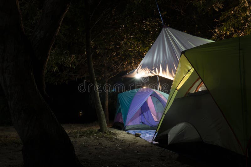 Group of Tents Under the Trees at Night. Stock Photo - Image of ...