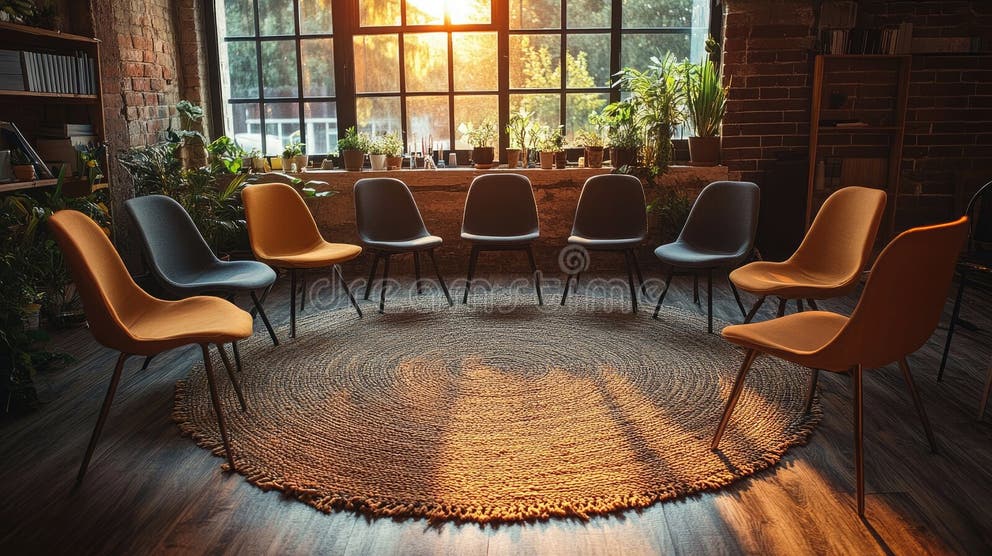 A Group Therapy Circle with Empty Chairs Arranged in a Supportive and ...