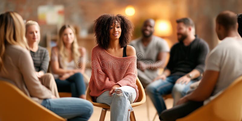 Group Therapy Participants Engage in a Supportive Session Indoors Stock ...