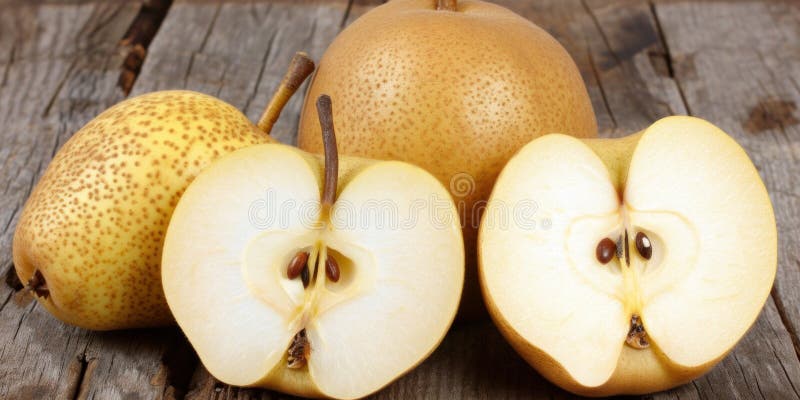 A Group of Three Apples with One Cut in Half on a Wooden Table, AI ...