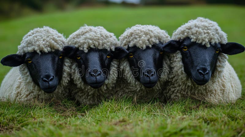 A Group of Three Black and White Sheep Laying in a Grassy Field Stock ...