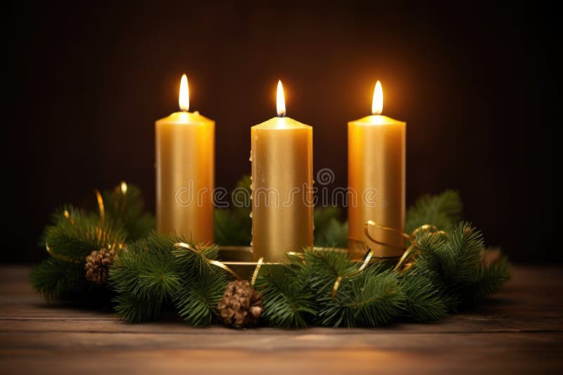 A Group of Three Candles Sitting on Top of a Table Stock Photo - Image ...