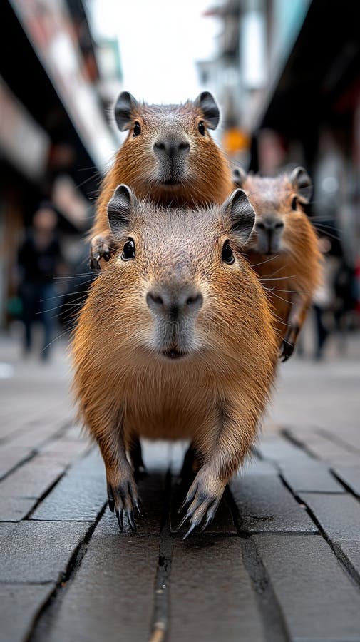 A Group of Three Capybaras Standing on Top of Each Other on a Sidewalk ...