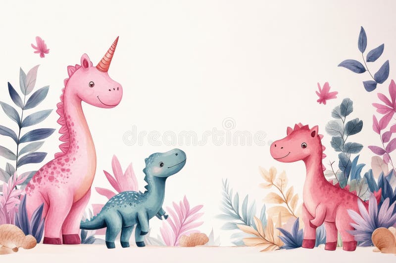 A Group of Three Cartoon Animals, a Pink Unicorn, a Pink Dinosaur Stock ...