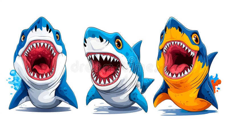 A Group of Three Cartoon Sharks with Open Mouths Stock Illustration ...