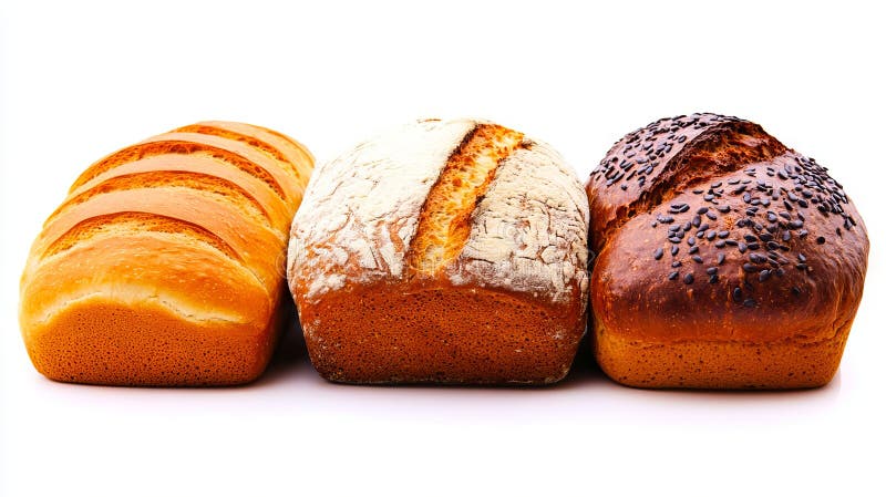 A Group of Three Different Types of Bread on a White Background Stock ...