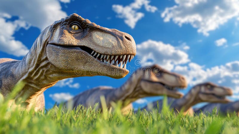 A Group of Three Dinosaurs are Standing in a Field, AI Stock Photo ...