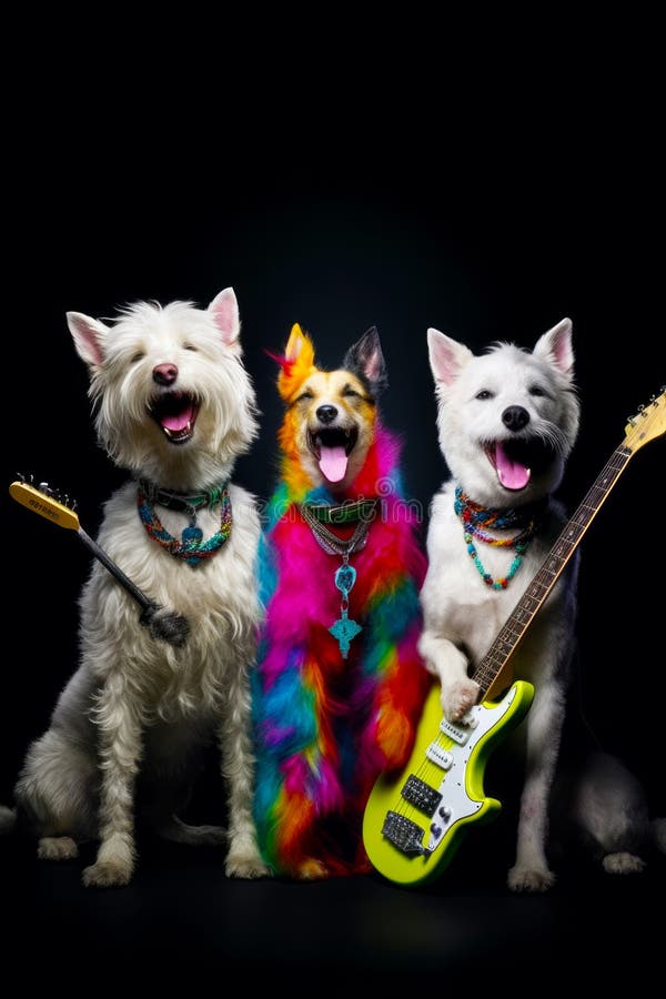 Group of Three Dogs Sitting Next To Each Other with Guitars in Front of ...