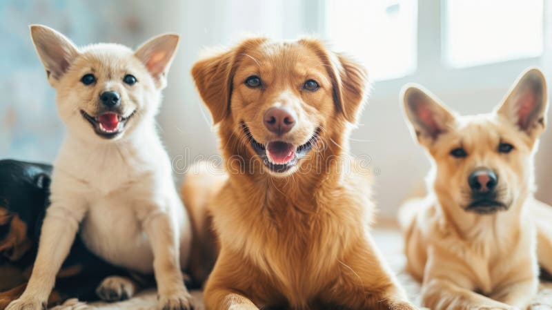 Group of Three Dogs Sitting Together Stock Photo - Image of happy ...