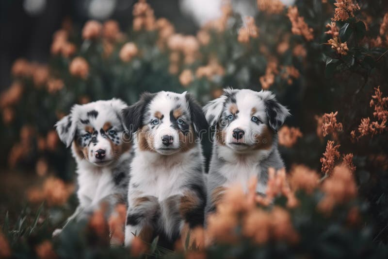 A Group of Three Dogs Standing Next To Each Other on a Field of Flowers ...