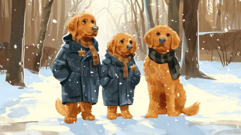 A Group of Three Dogs Standing in the Snow Wearing Coats, AI Stock ...