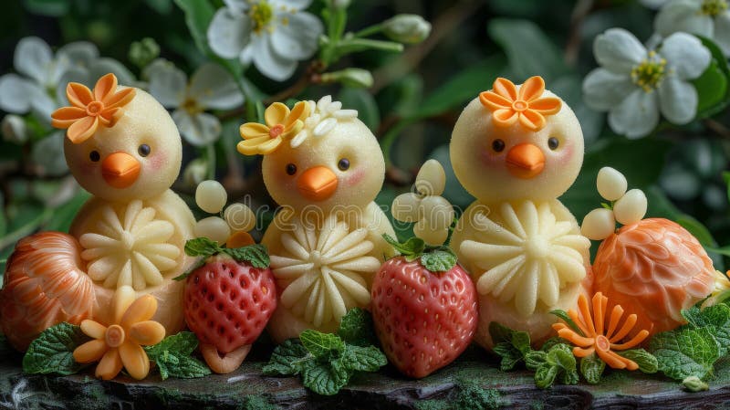 A Group of Three Ducks Made Out of Fruit and Flowers, AI Stock Image ...