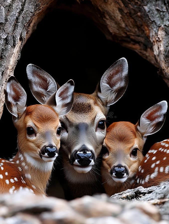 A Group of Three Fawns Peeking Out of a Hole in a Tree Stock Photo ...