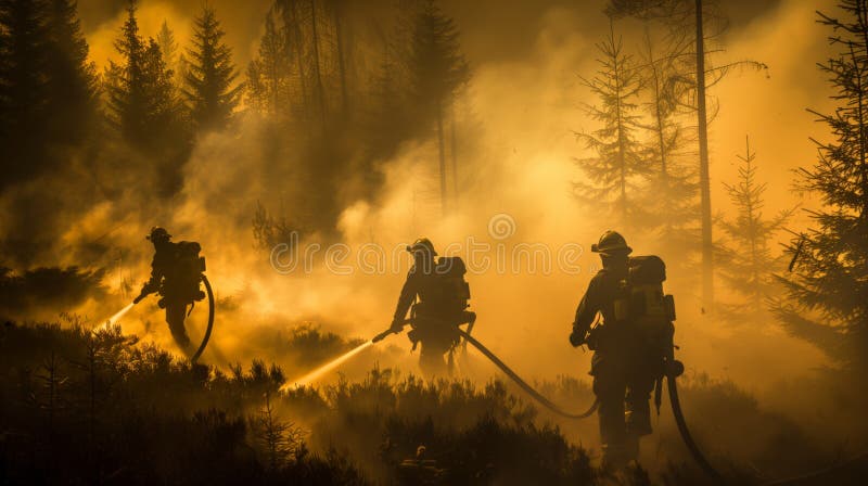 A Group of Three Firefighters Extinguish a Forest Fire with Water from ...