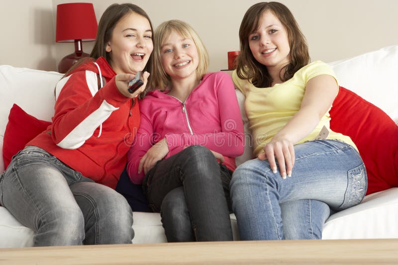 Group of Three Girls Watching TV Stock Photo - Image of teenager ...