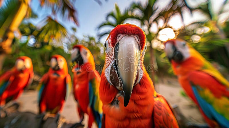 A Group of Three Green Parrots are Standing Next To Each Other ...