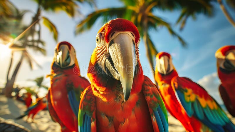 A Group of Three Green Parrots are Standing Next To Each Other ...