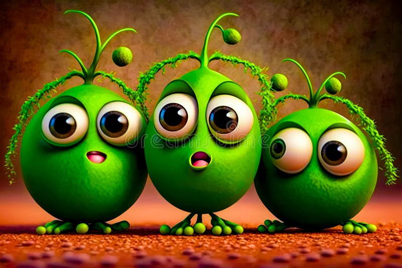 Group of Three Green Peas with Eyes and Surprised Look on Their Faces ...