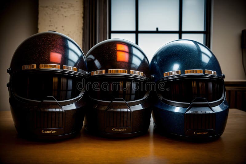 A Group of Three Helmets Sitting on Top of a Wooden Table. Generative ...