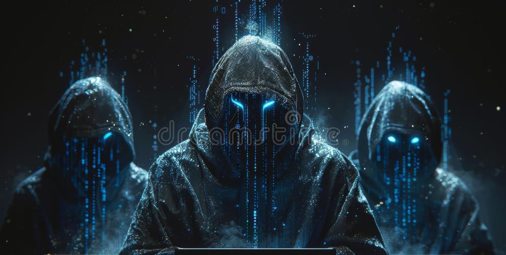 Hooded Cyber Criminals with Glowing Blue Eyes and Digital Code ...