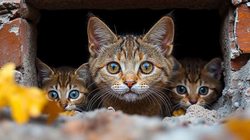 A Group of Three Kittens Peeking Out of a Hole in a Brick Wall Stock ...
