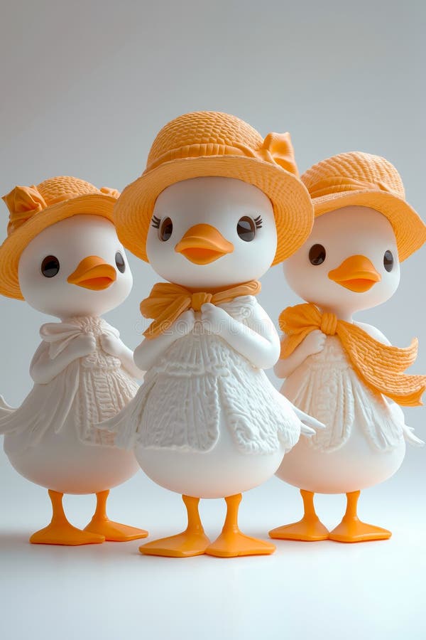 A Group of Three Little Ducks Wearing Hats and Dresses Stock Image ...