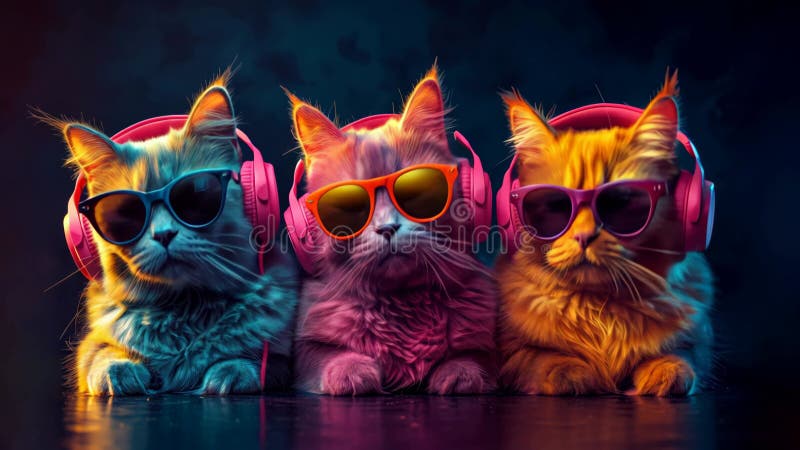 A Group of Three Multi-colored Cats with Headphones and Sunglasses Move ...