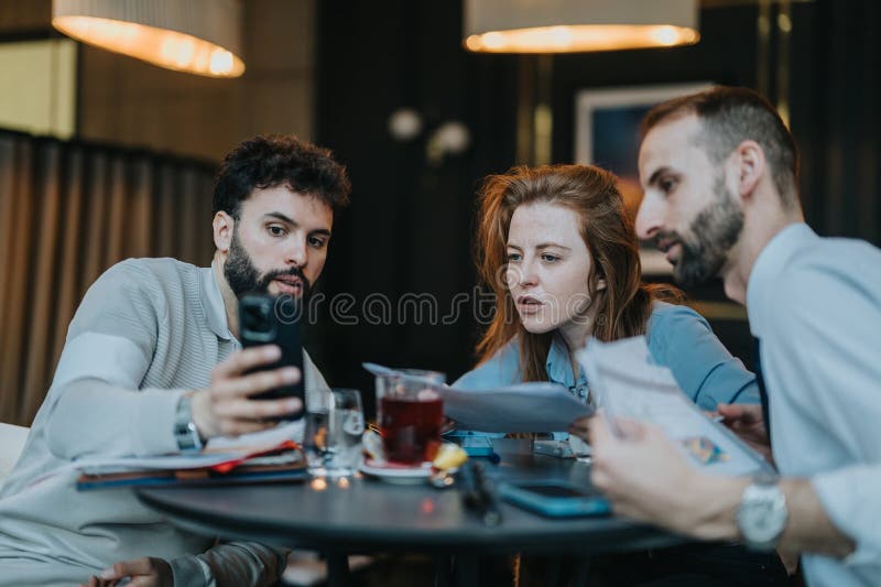 Group Discussing Documents while Using a Smart Phone in a Modern ...
