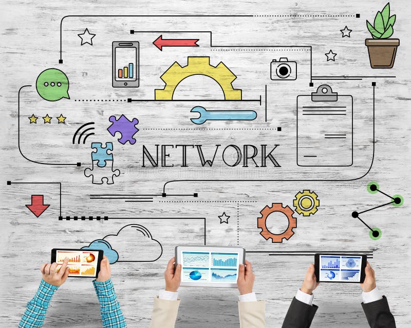 Top View of Businesspeople Sitting at Table and Using Gadgets Stock ...