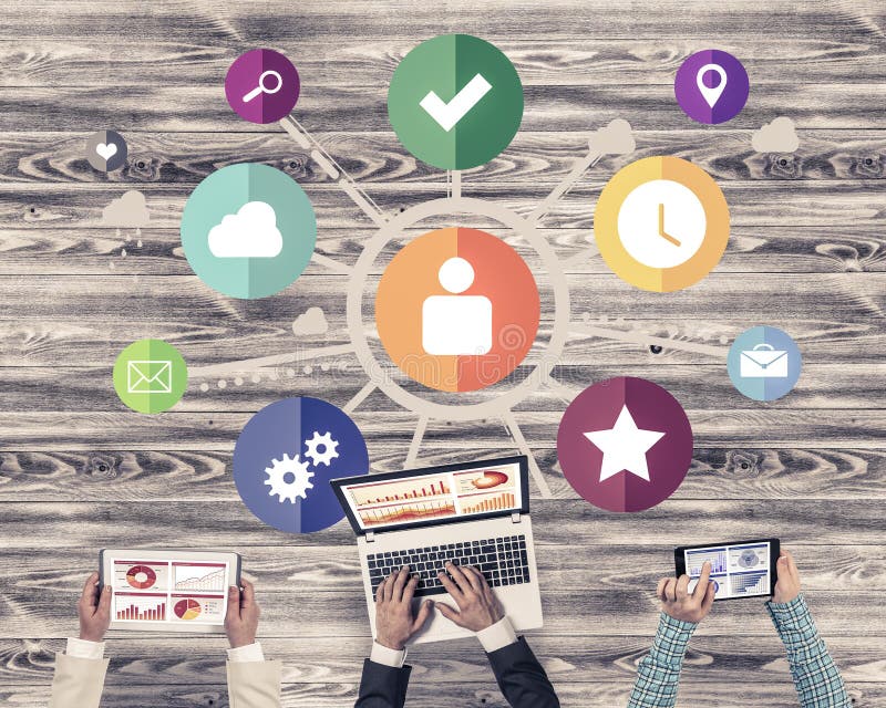 Top View of Businesspeople Sitting at Table and Using Gadgets Stock ...