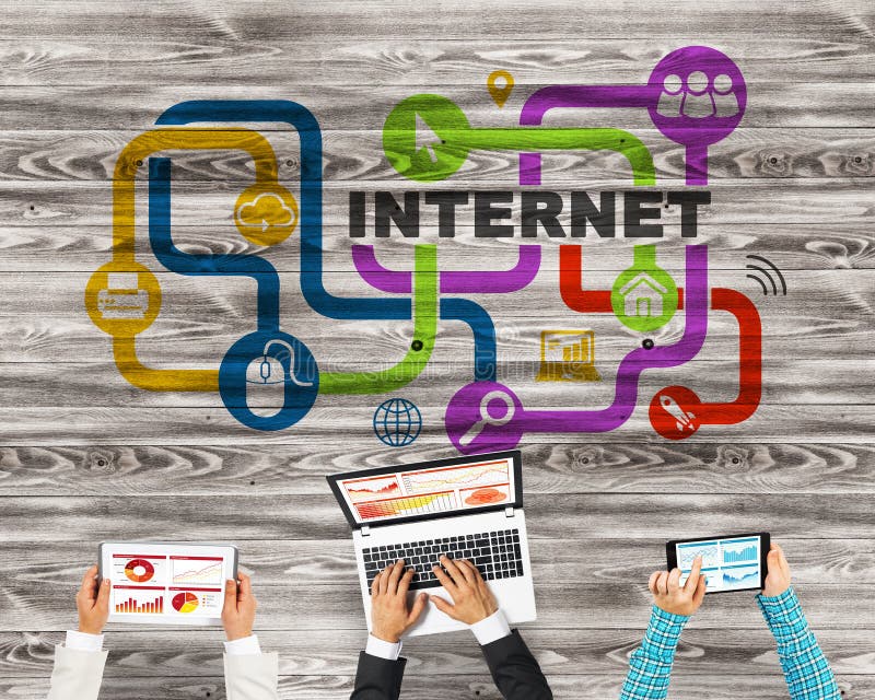 Top View of Businesspeople Sitting at Table and Using Gadgets Stock ...