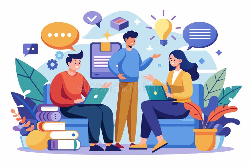 A Group of Three People Gathers in a Vibrant Workspace, Sharing Ideas ...