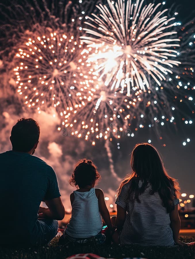 Family Watching Vibrant Fireworks Display at Night Stock Illustration ...