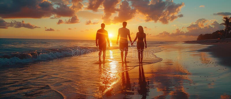 A Group of Three People are Walking on the Beach at Sunset by AI ...