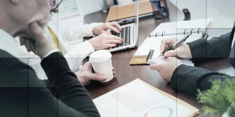 Group of Three People Working Together, Geometric Pattern Stock Photo ...