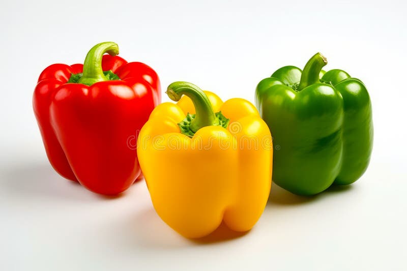 Group of Three Peppers Sitting Next To Each Other on White Surface ...