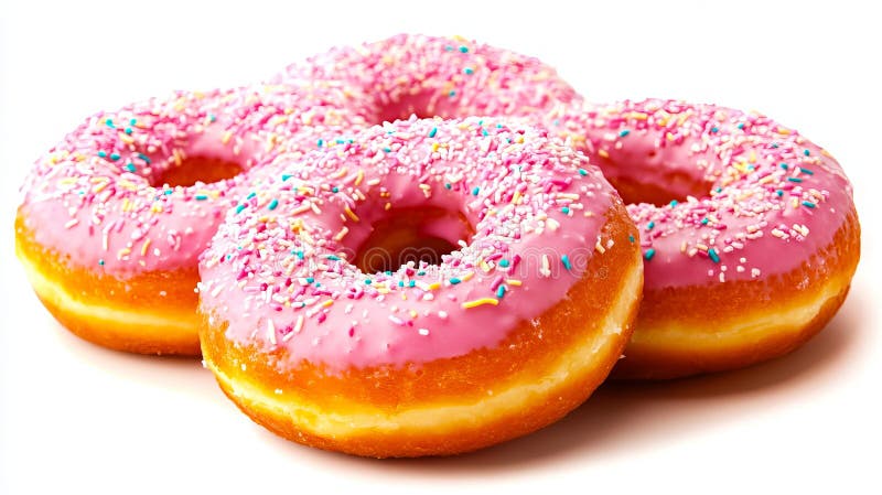 A Group of Three Pink Donuts with Sprinkles on a White Background Stock ...