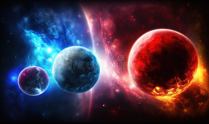A Group of Three Planets in a Space with a Red and Blue Background ...
